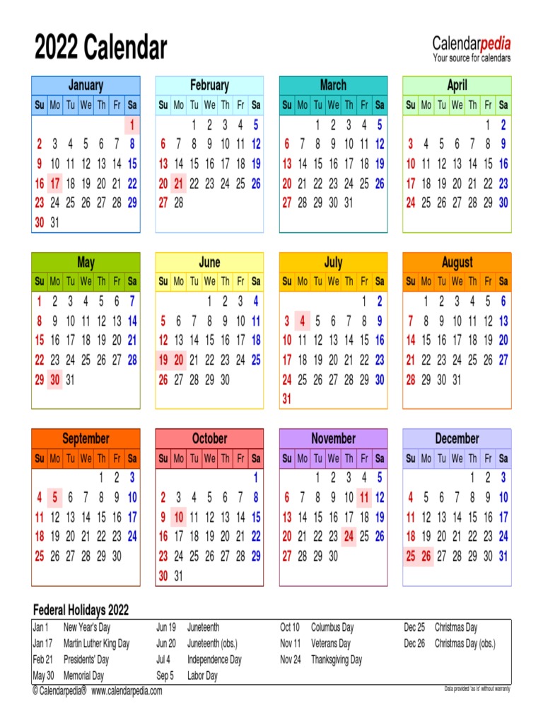 2022 Calendar Landscape Year at A Glance in Color | PDF | Public ...