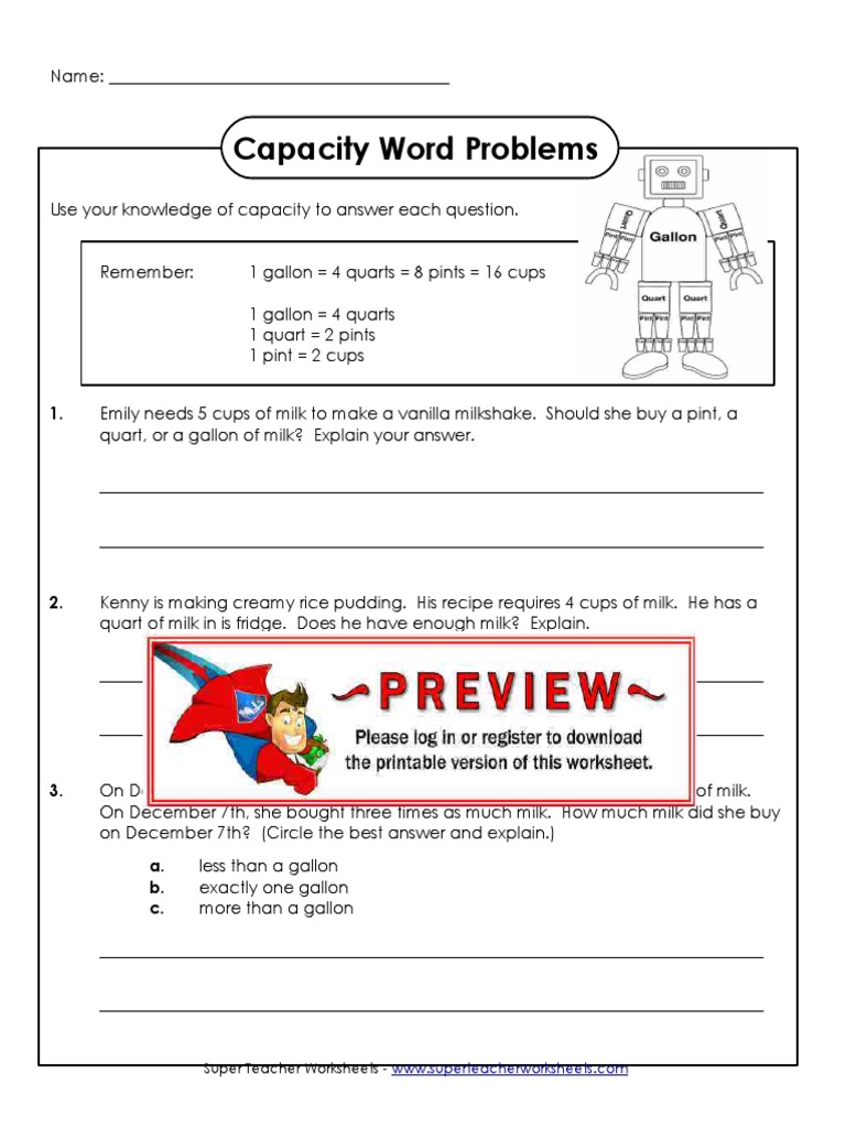 Capacity Word Problems: Super Teacher Worksheets | Download Free PDF ...