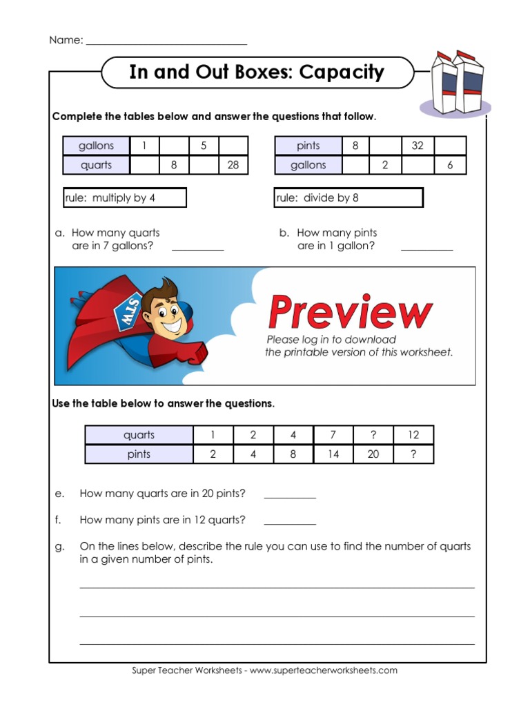 In and Out Boxes: Capacity: Complete The Tables Below and Answer The ...