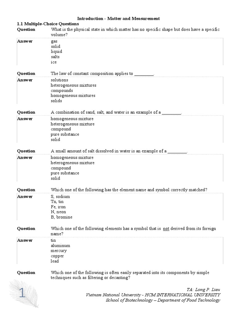 Introduction - Matter and Measurement 1.1 Multiple-Choice Questions Answer | PDF | Atoms | Mixture