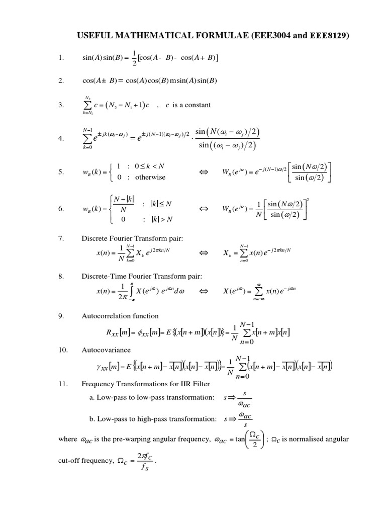 Useful Maths Formulae for EEE Courses | PDF | Low Pass Filter ...