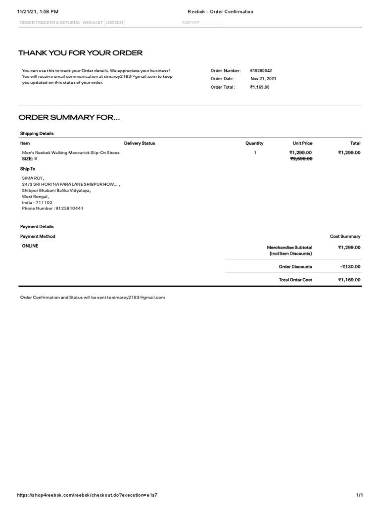 Reebok - Order Confirmation | PDF