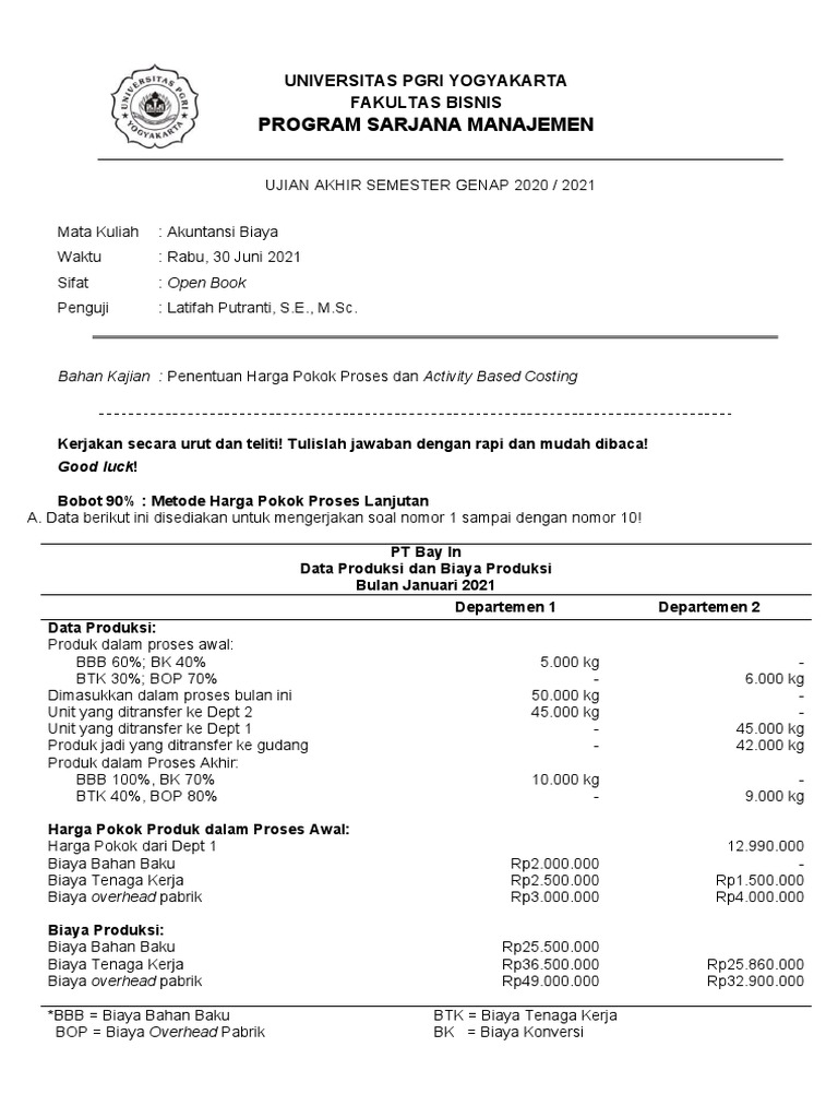 Soal UAS Akuntansi Biaya - 2021 | PDF