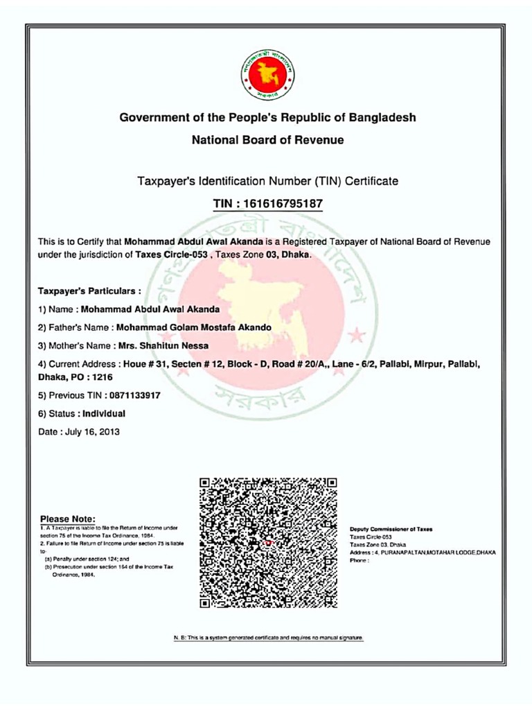 Tin Certificate Bangladeshi | PDF