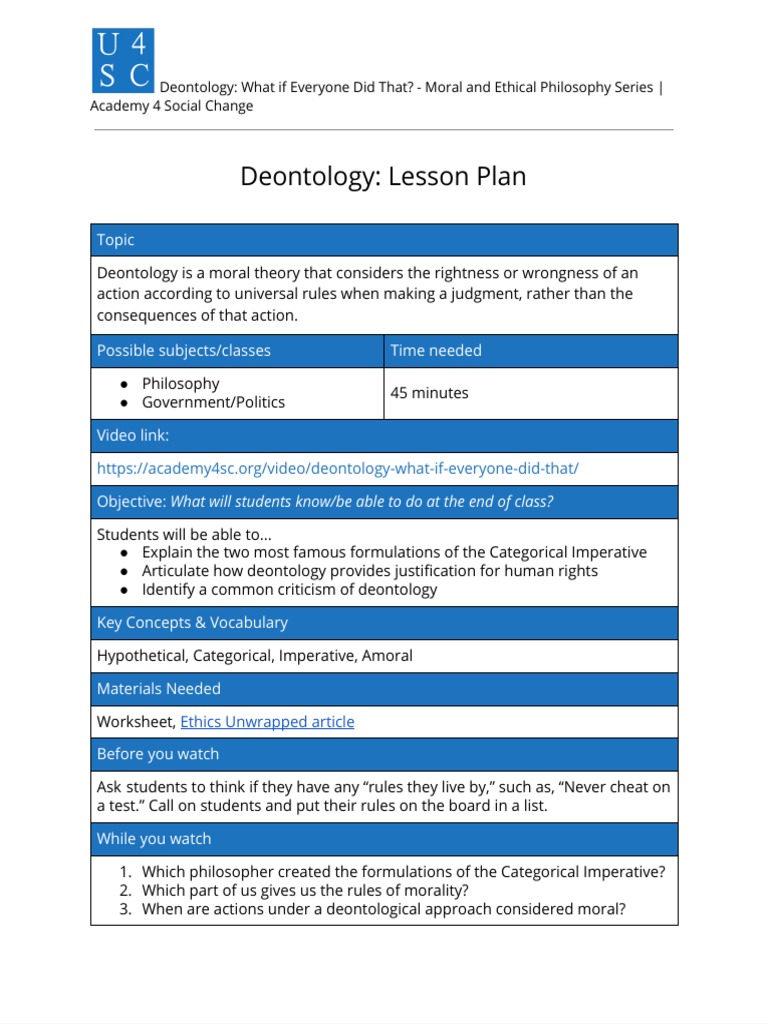 Deontology: Lesson Plan: Topic | PDF | Morality | Immanuel Kant Deontology: Lesson Plan: Topic | PDF | Morality | Immanuel Kant