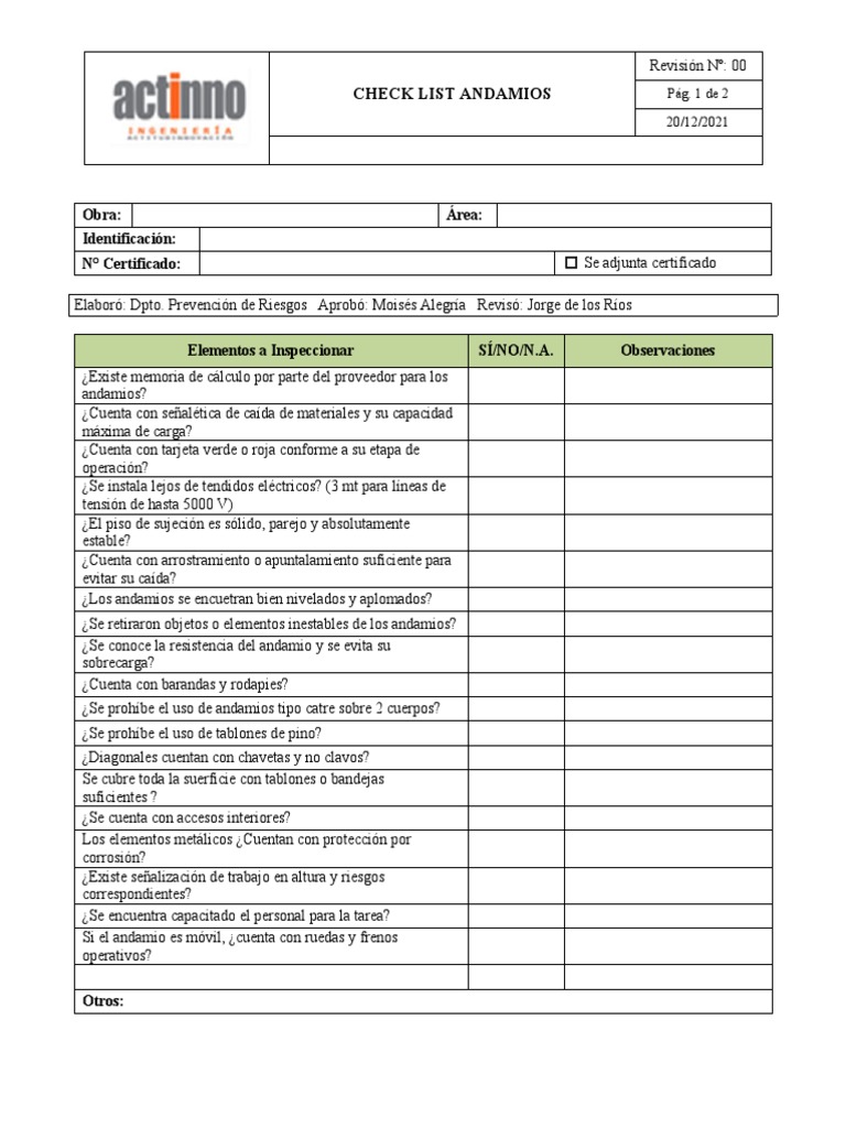 TEC - 02 - Check List Andamios | PDF | Ingenieria Eléctrica