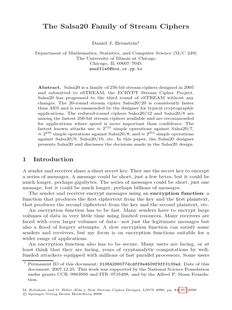 The Fast and Secure Salsa20 Family of Stream Ciphers | PDF | Encryption | Cryptography