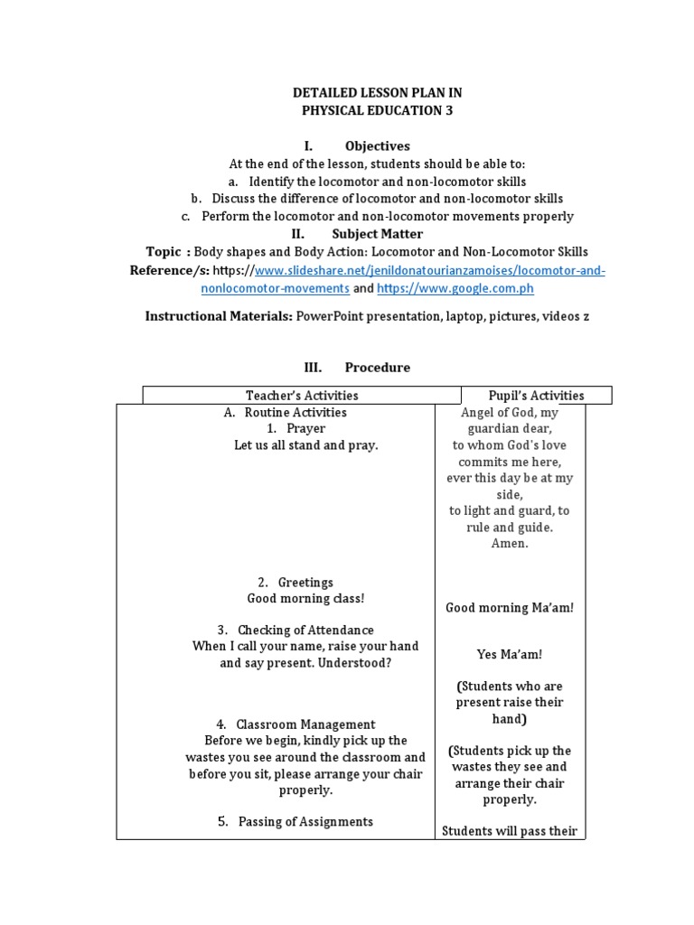 DETAILED LESSON PLAN IN PE | PDF | Lesson Plan | Classroom