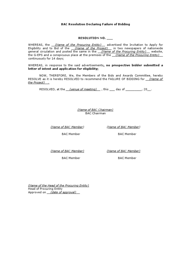 BAC Resolution Declaring Failure of Bidding | Government | Politics