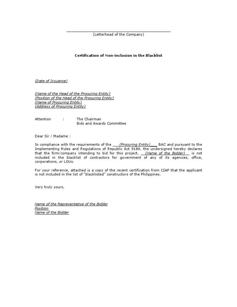 Cert. of Non-Inclusion in The Blacklist | Download Free PDF ...