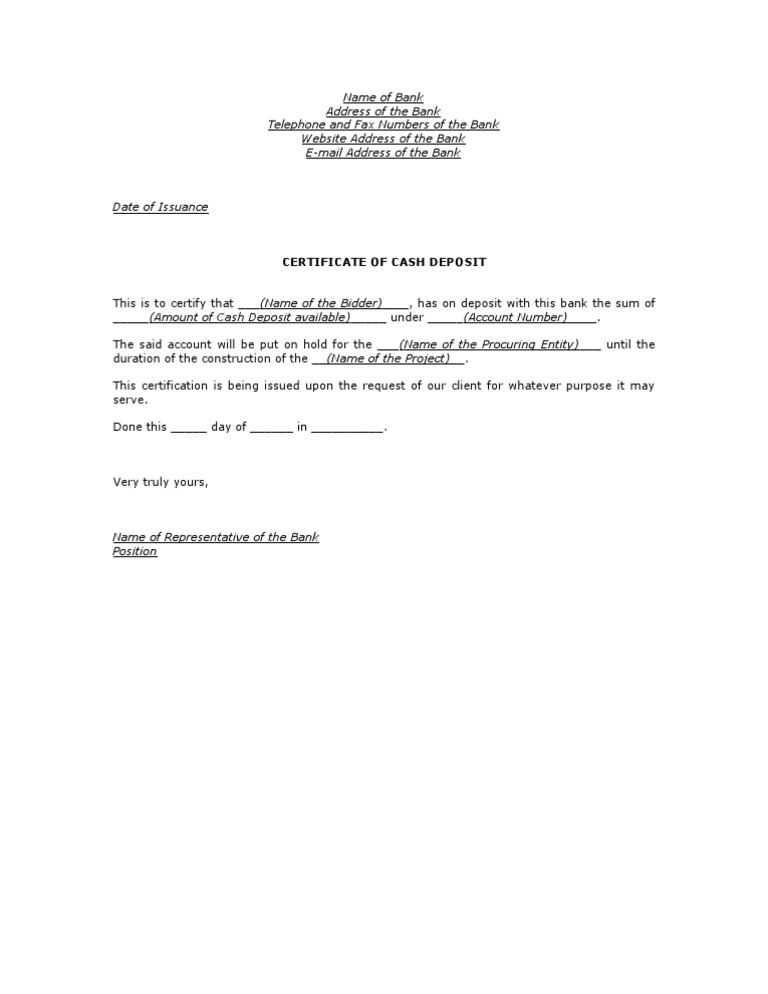 Certificate of Cash Deposit | PDF