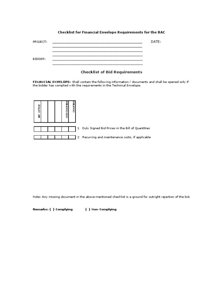 Checklist For Financial Envelope Requirements For The BAC | PDF