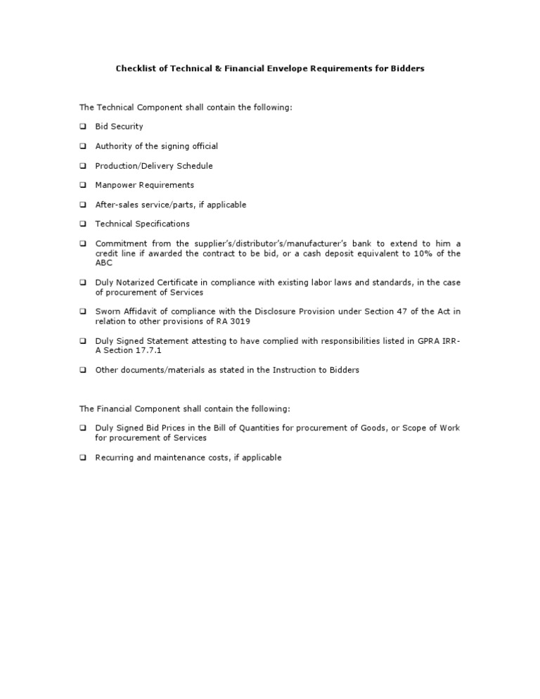 Bidders' Technical & Financial Checklist | PDF