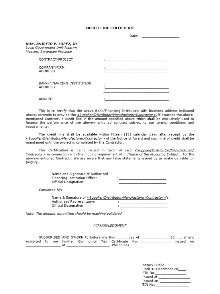 Credit Line Certificate
