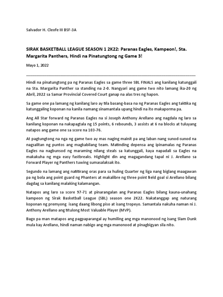 Balitang Sports (Lokal) | PDF