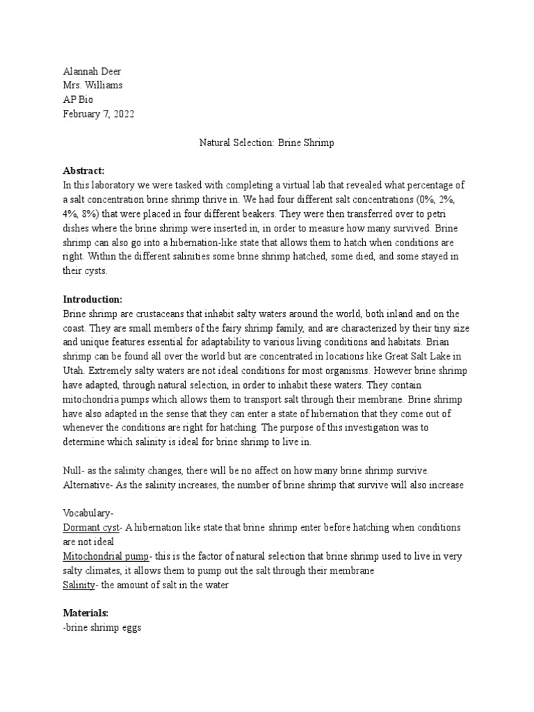 Brine Shrimp Lab Write Up | Download Free PDF | Salinity | Sodium Chloride