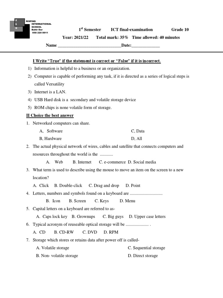 Grade 10 ICT Exam Paper | PDF | Computer Data Storage | Read Only Memory