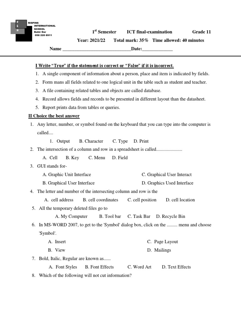 ICT Final Exam For Grade 11 | PDF | Graphical User Interfaces | Spreadsheet