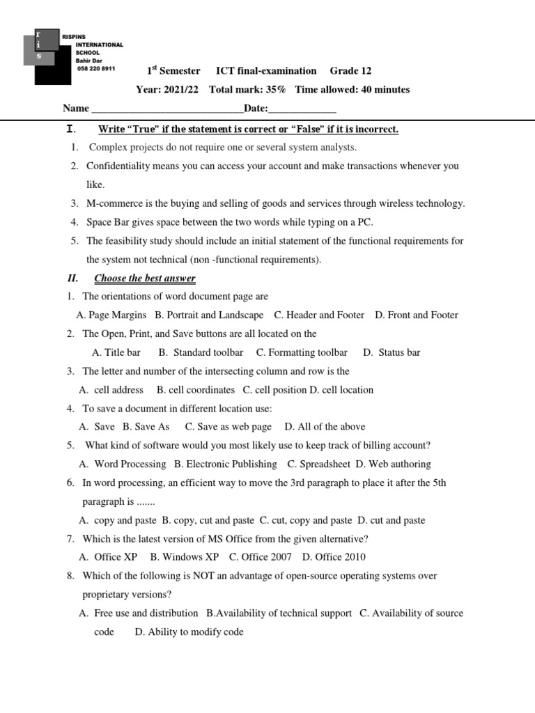 ICT Final Exam For Grade 12 | PDF | Educational Technology | E Commerce
