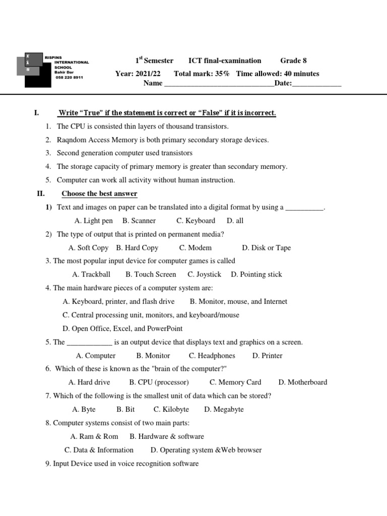ICT Final Exam For Grade 8 | PDF | Read Only Memory | Computer Data Storage