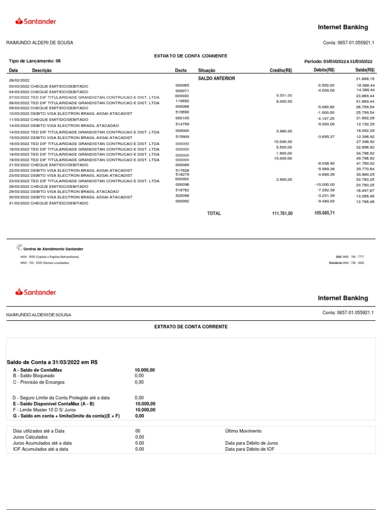 Extrato Santander - MAR. - RAIMUNDO | Download grátis PDF | Conta de ...