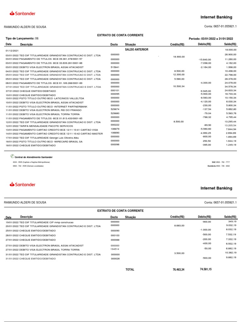 Extrato Santander - JAN. - RAIMUNDO | PDF | Conta de transação | Visa Inc.