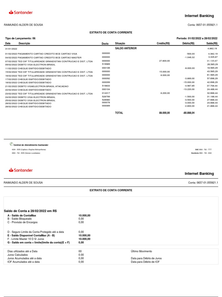 Extrato Santander - FEV. - RAIMUNDO | PDF | Conta de transação ...