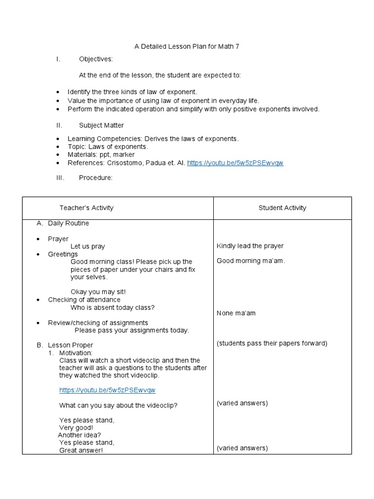 A Detailed Lesson Plan For Math 7 Draft | PDF | Multiplication ...