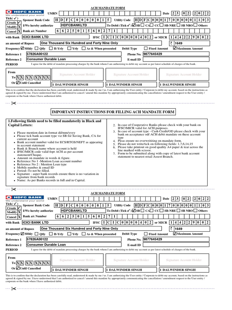 Important Instructions For Filling Ach Mandate Form: Hdfcbankltd | PDF ...