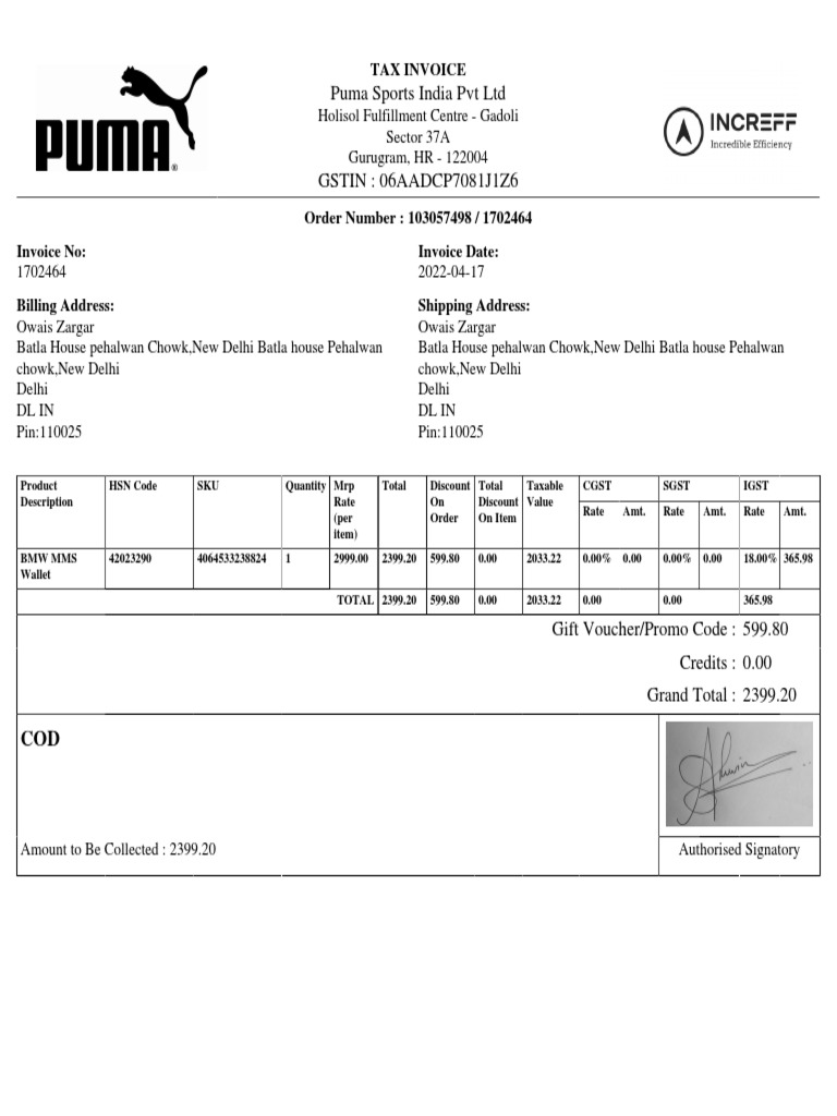 Puma Sports India PVT LTD: Tax Invoice | PDF | Taxation | Public Finance