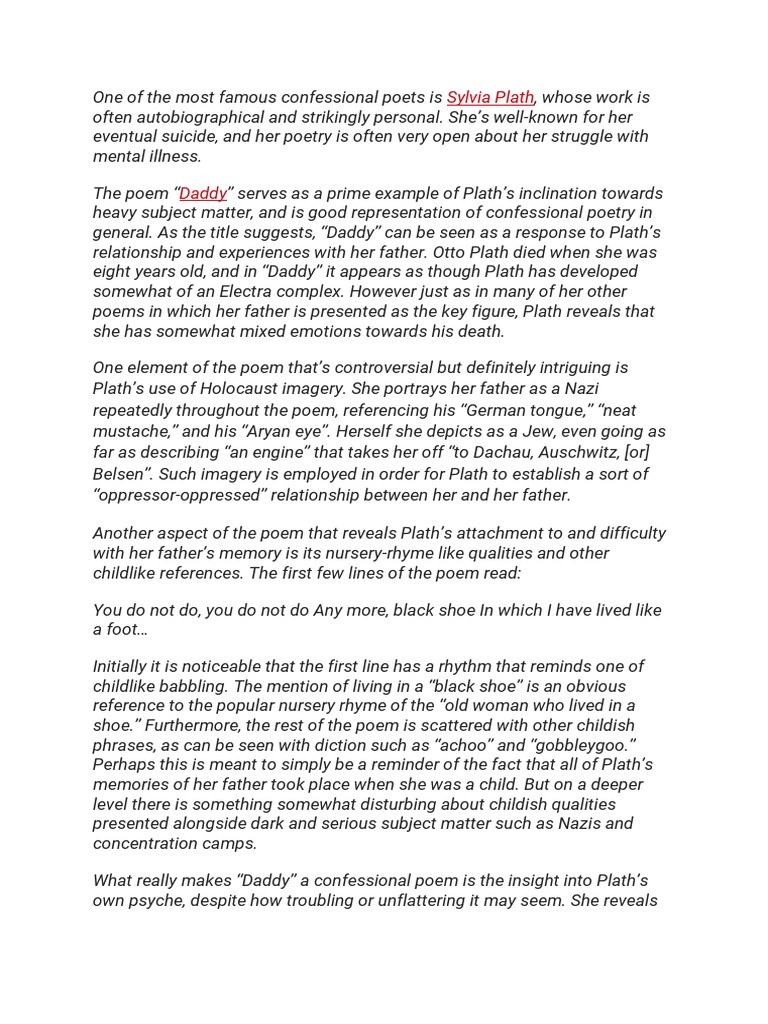 Sylvia Plath's Confessional Poem "Daddy | PDF | Poetry