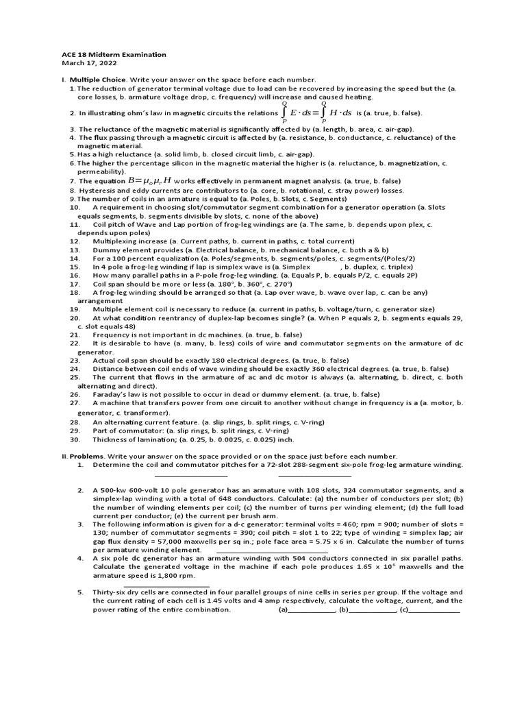 Electrical Engineering Midterm Exam | PDF | Electric Generator | Inductor