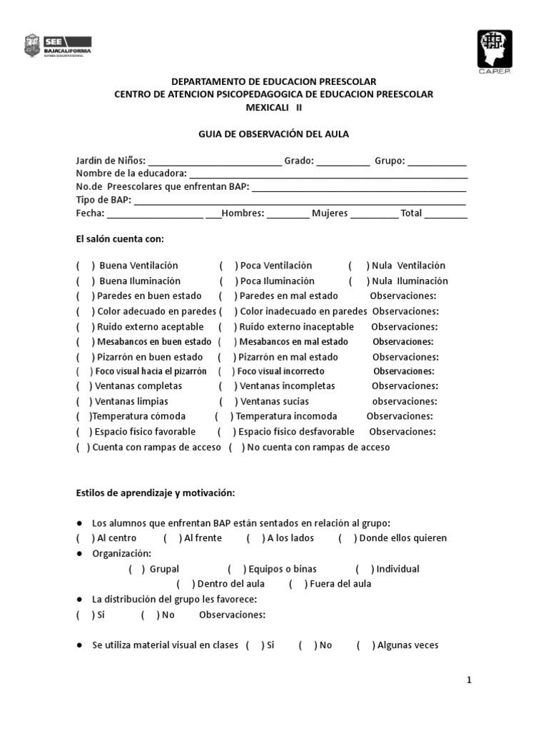 Guia De Observación Del Aula Pdf Educación De La Primera Infancia