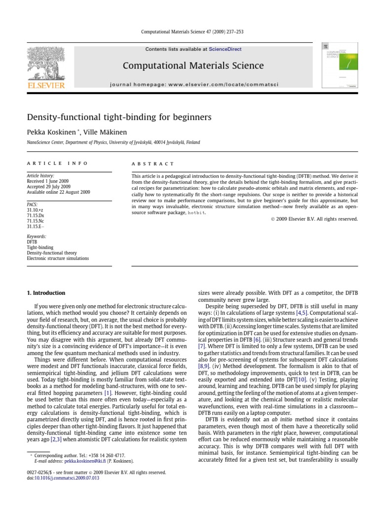 DFTB For Beginners | PDF | Density Functional Theory | Computational ...