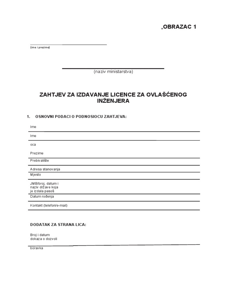 Obrazac 1 Zahtjev Za Izdavanje Licence Za Ovlascenog Inzenjera | PDF