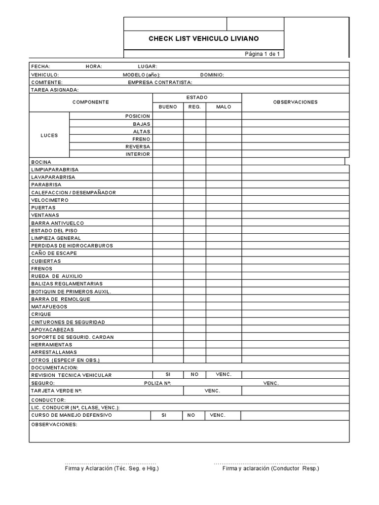 Check List Vehiculo Liviano | PDF Check List Vehiculo Liviano | PDF