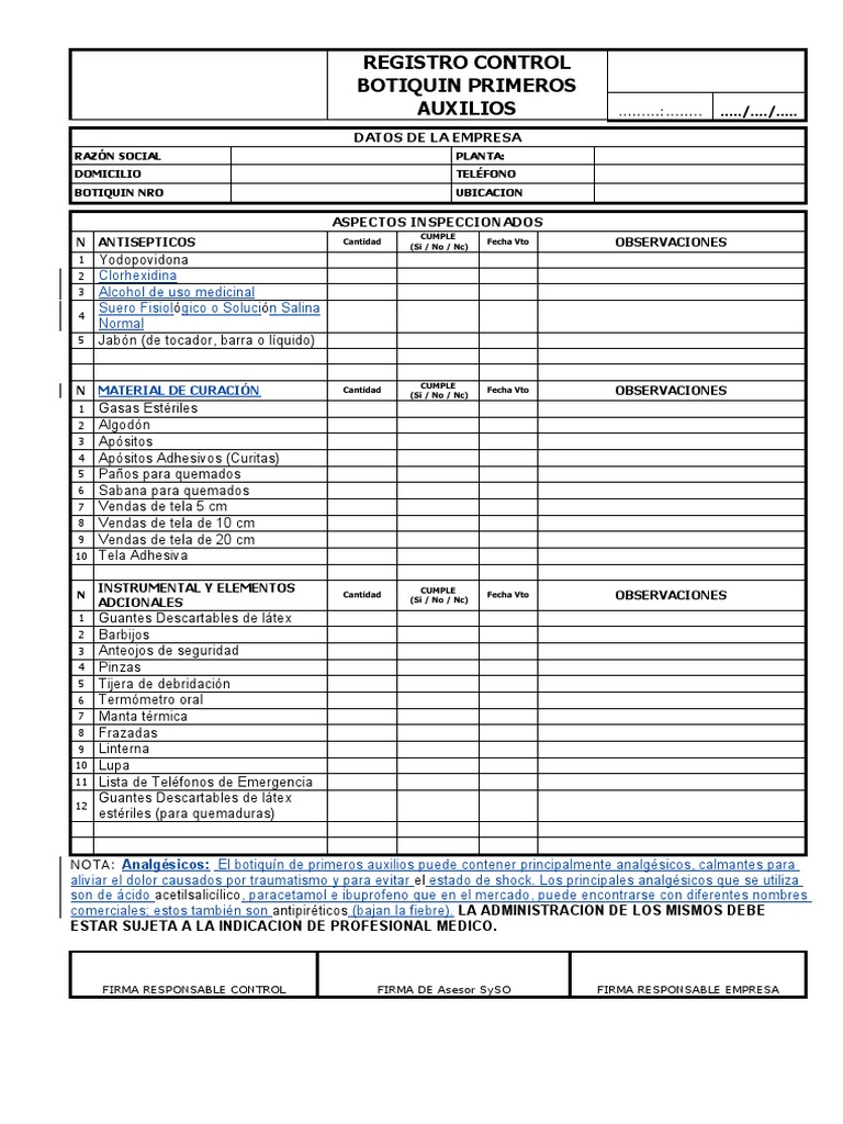 Planilla De Control Botiquines 1 Pdf Medicina Ciencias De La Salud