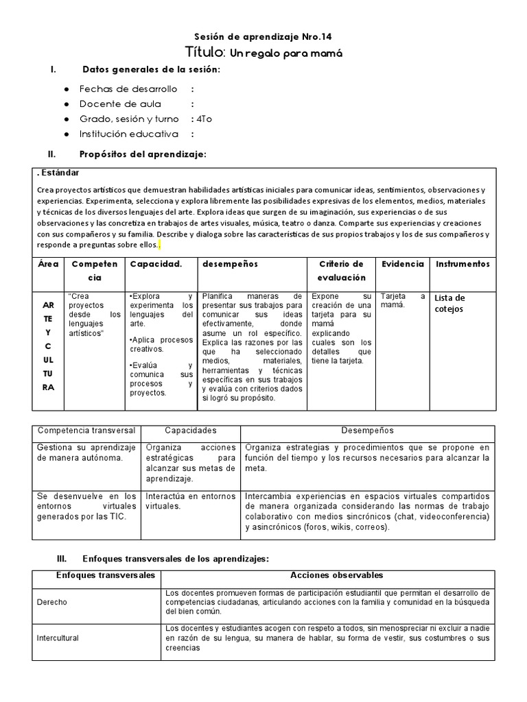 Arte Sesión Un Regalo Para Mamá Pdf Evaluación Aprendizaje