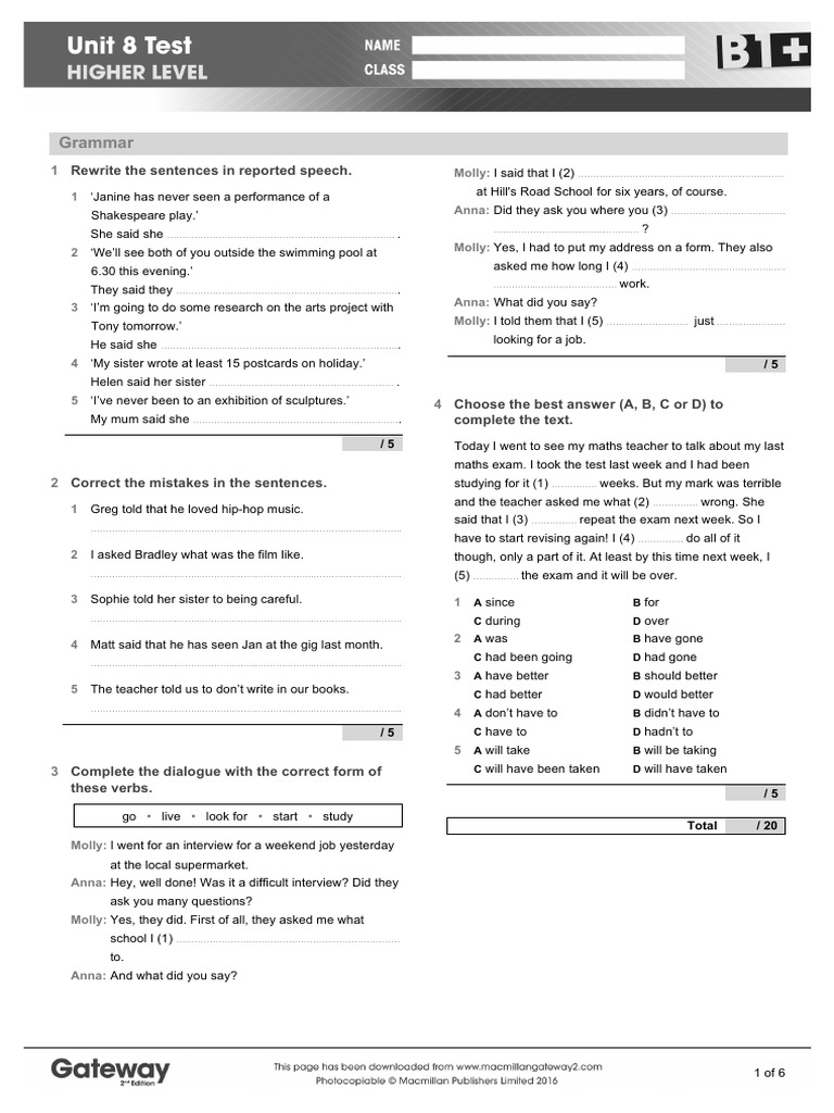GATEWAY B1+ UNIT 8 Test | PDF | Alice (Alice's Adventures In Wonderland ...