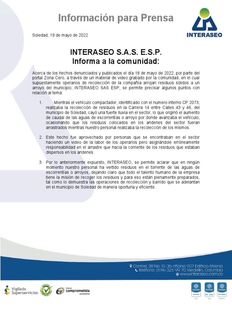 Comunicado de Interaseo | PDF