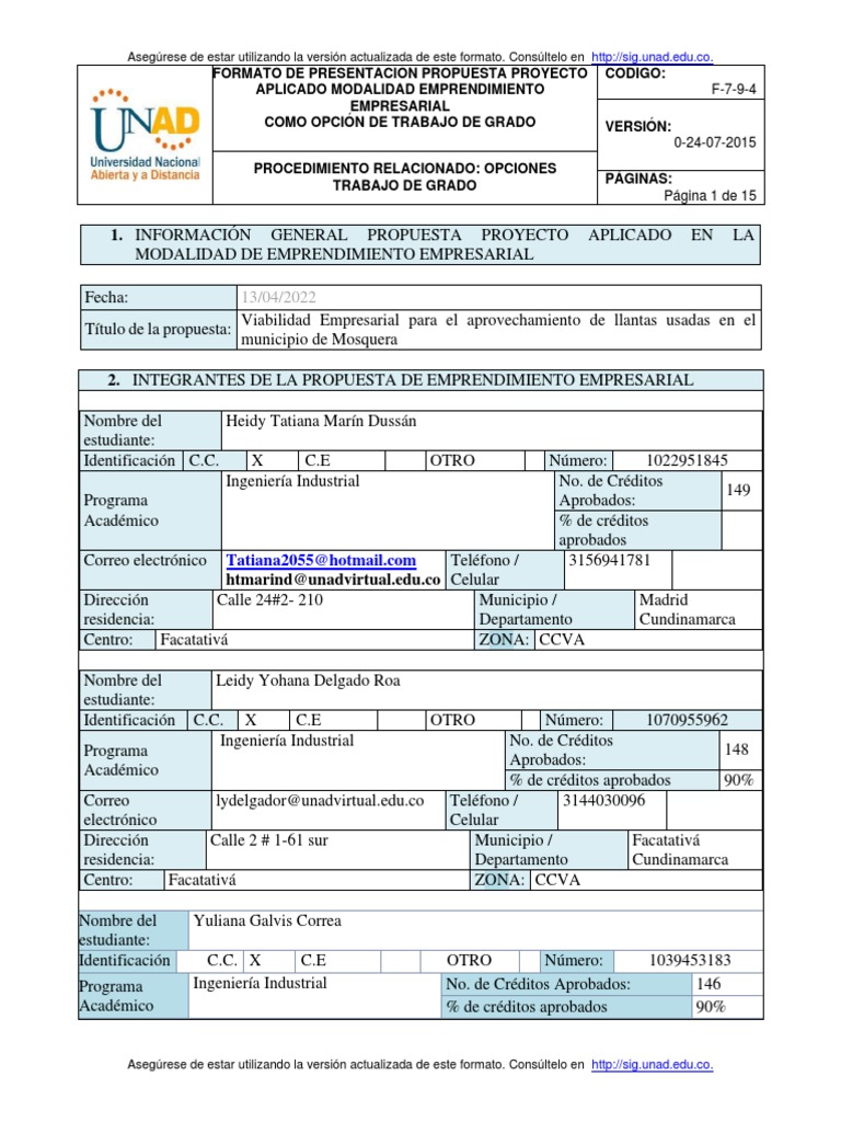 Plantilla 4 - Proyecto Aplicado Modalidad Emprendimiento Empresarial Compilado) | PDF ...