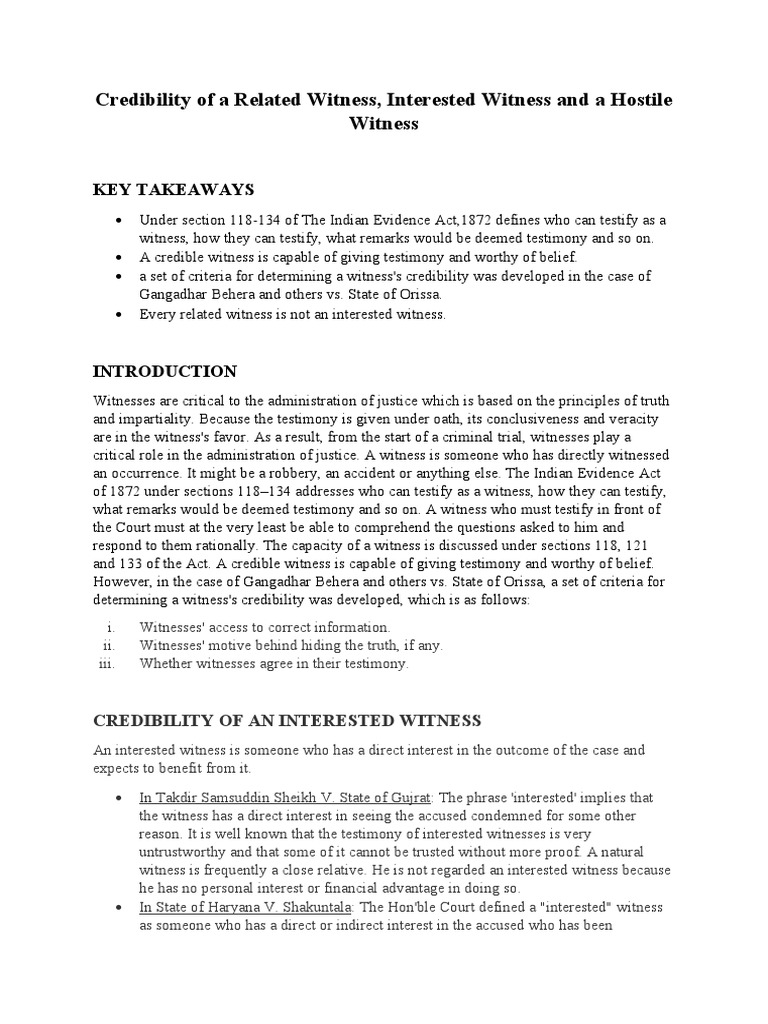 Credibility of A Related Witness, Interested Witness and A Hostile ...