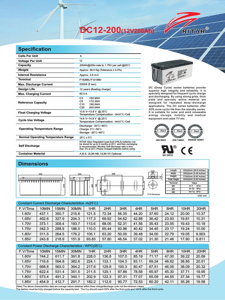 Specification: Constant Current Discharge Characteristics: A (25 ...