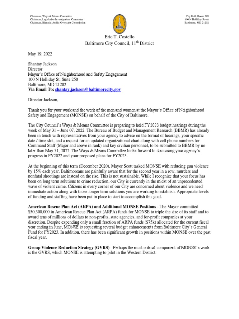 Baltimore City Council Letter To Mayor's Office of Neighborhood Safety ...
