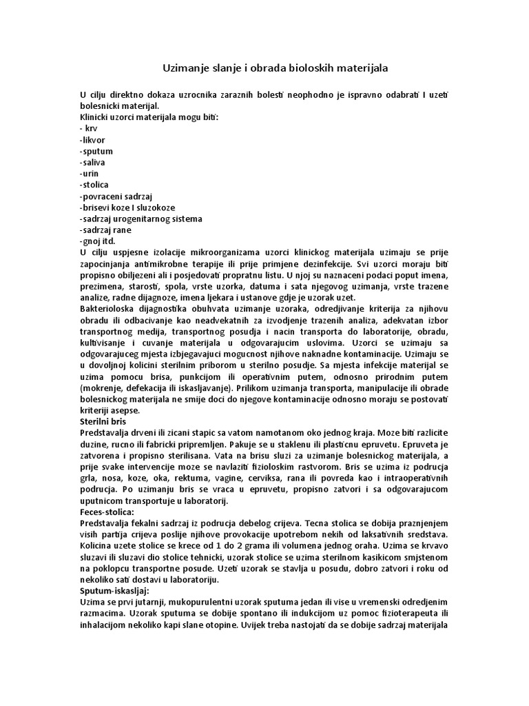Uzimanje Slanje I Obrada Bioloskih Materijala | PDF