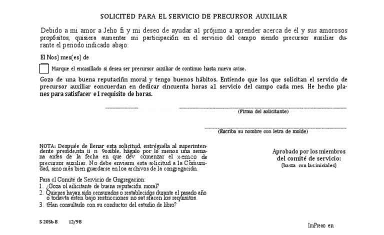 S 205b S Solicitud para El Servicio de Precursor Auxiliar | PDF