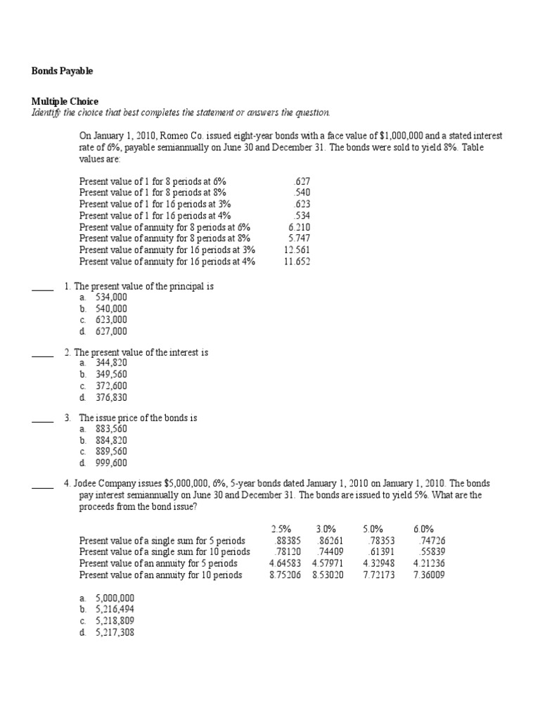Bonds Payable Practice Test 1 | PDF | Bonds (Finance) | Present Value