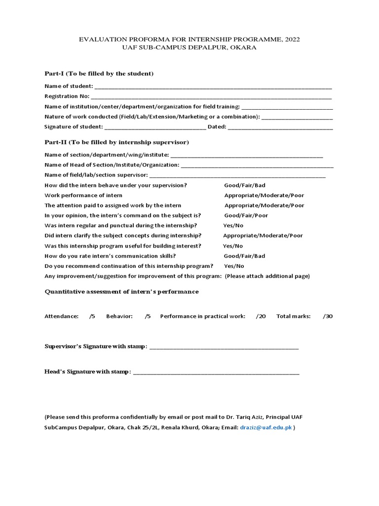 Evaluation Proforma For Internship Programm1 | PDF | Career & Growth
