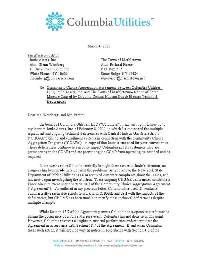Columbia Utilities Letter To Town of Marbletown | PDF