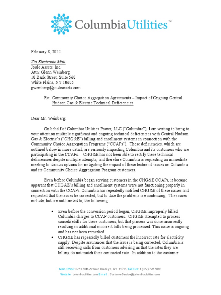 Columbia Utilities Letter To Joule | PDF | Business